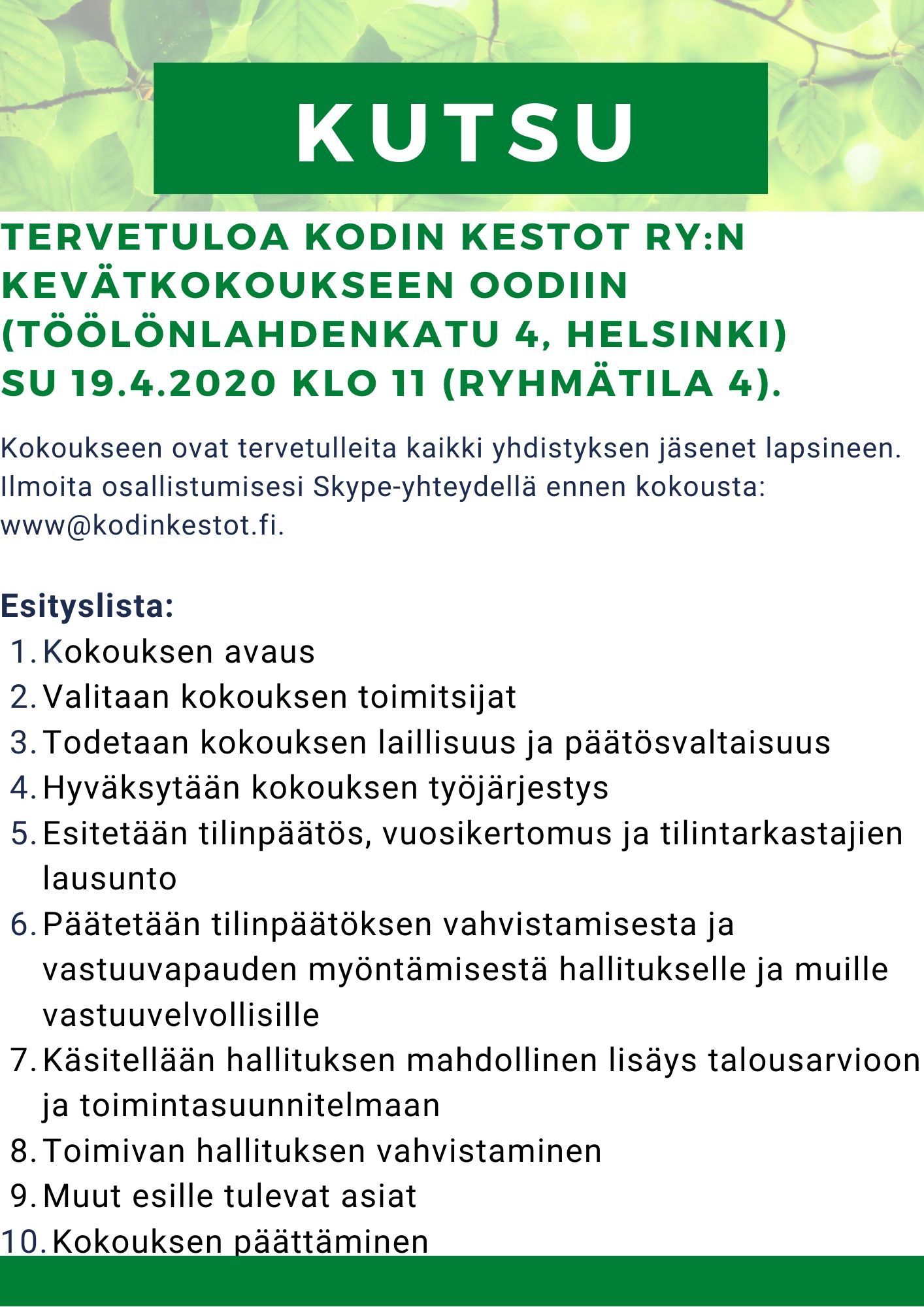 Kutsu kevätkokoukseen 2020 | Kodin kestot ry